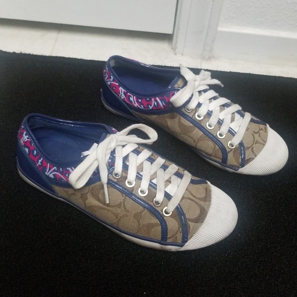 Coach | Shoes | Coach Signature Sneakers Blue Leather Trim Shoes | Poshmark